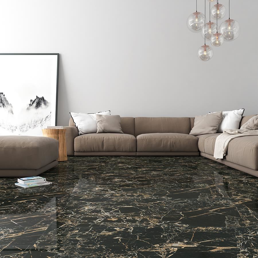 Gresie portelanata tip marmura Tiger Black, 60x120 cm, Negru - Materiale.ro